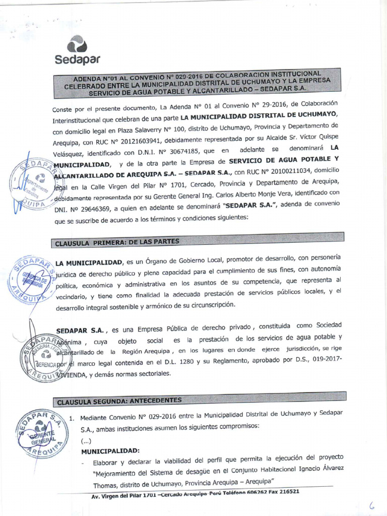 Convenio de Cooperacion Interinstitucional Con Sedapar | PDF