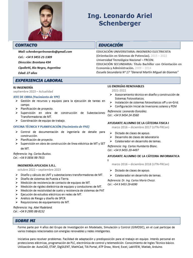 CV Leonardo Ariel Schenberger | PDF | Ingenieria Eléctrica | Ingeniería
