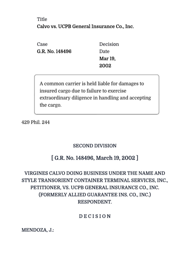 G.R. No. 148496 - Calvo vs. UCPB General Insurance Co., Inc. | PDF ...