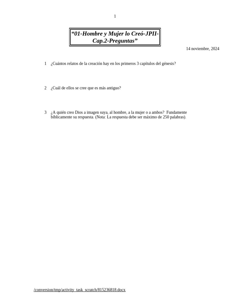 01 Hombre y Mujer Lo Creo JPII Cap2 Preguntas | PDF