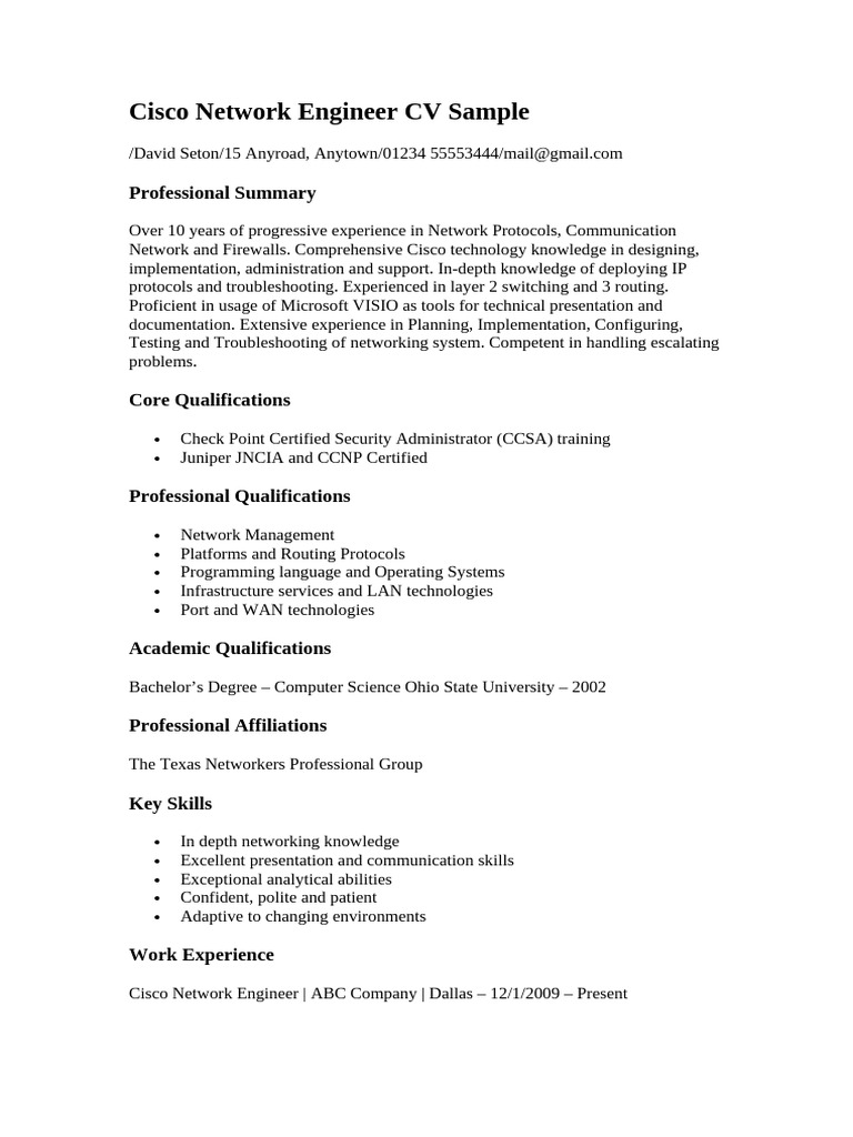 Network Engineer CV English Sample | PDF | Computer Network | Juniper ...