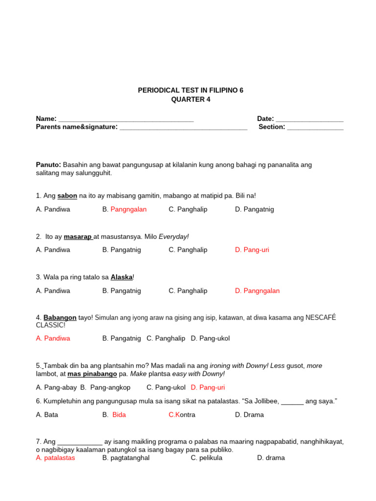 g6 q4 PT Filipino Sto. Tomas Elementary | PDF