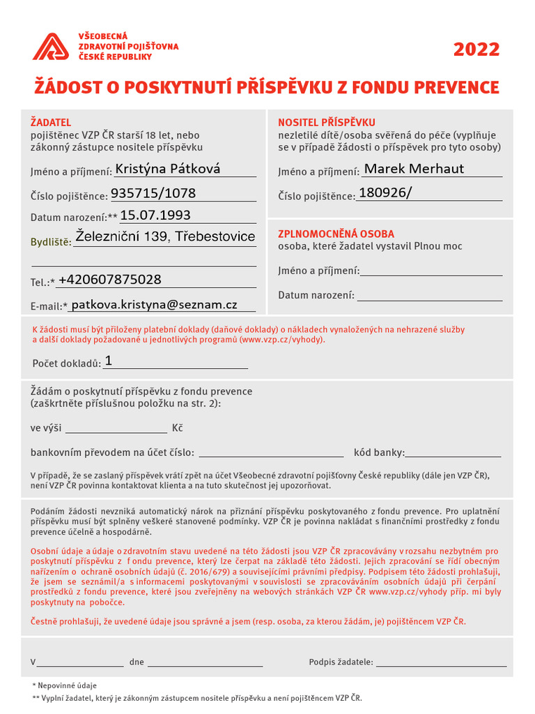 Zadost o Prispevek 2022 | PDF