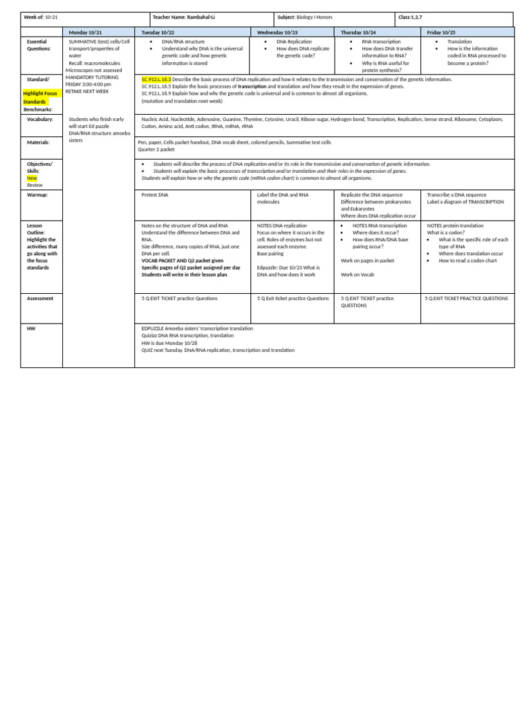 Lesson Plan DNA Week 1 and Student DO NOWs | PDF | Rna | Translation (Biology)