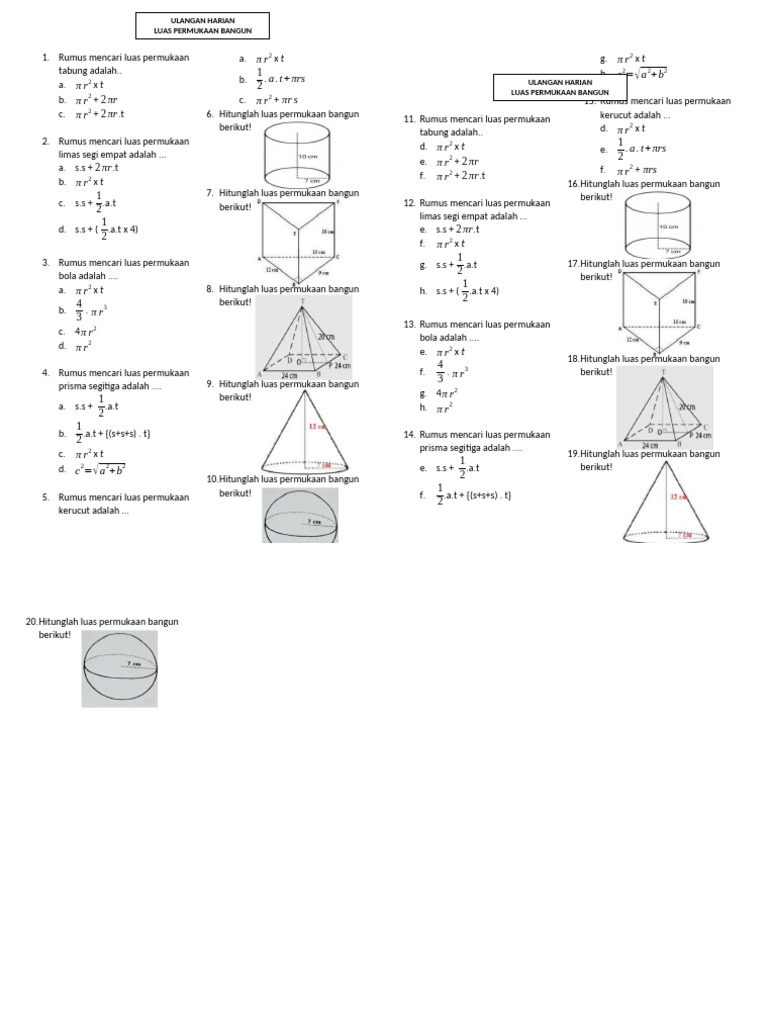 Soal UH MTK Luas Permukaan Bangun Ruang | PDF