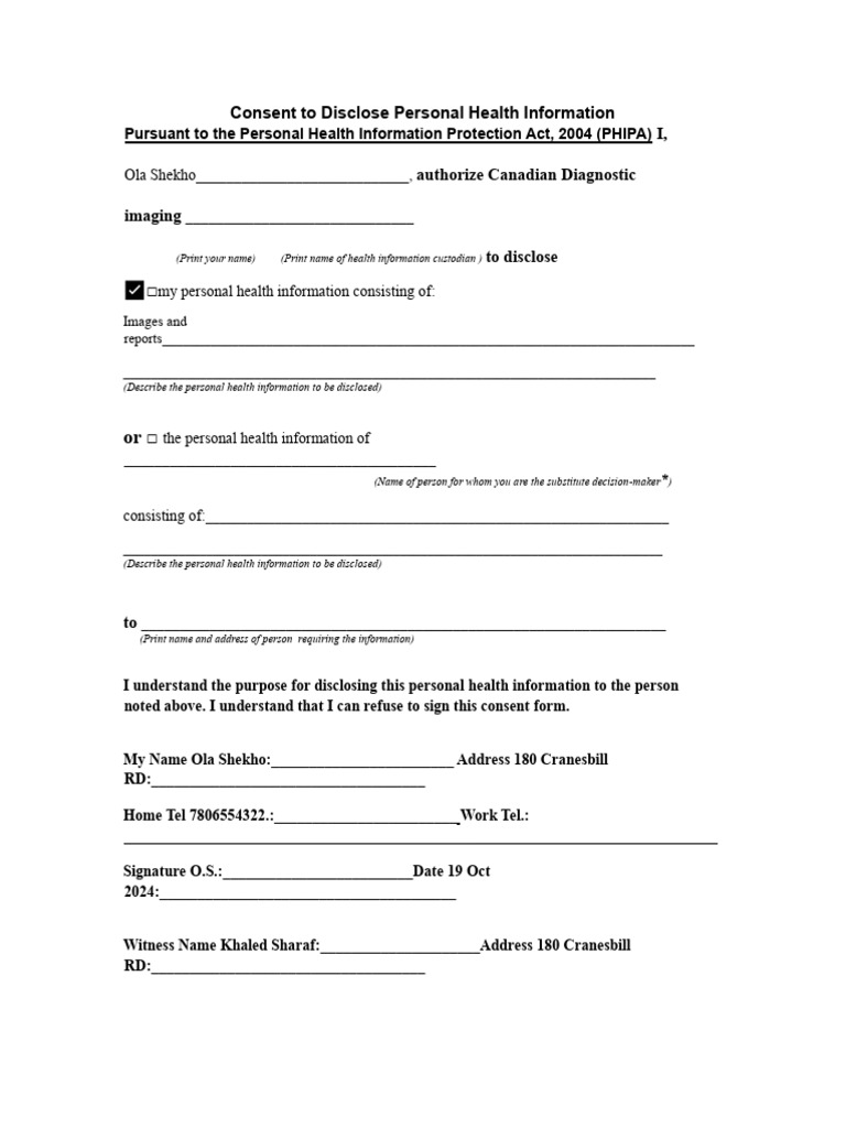 PHI Consent Disclosure Consent To Disclose Personal Health Information ...