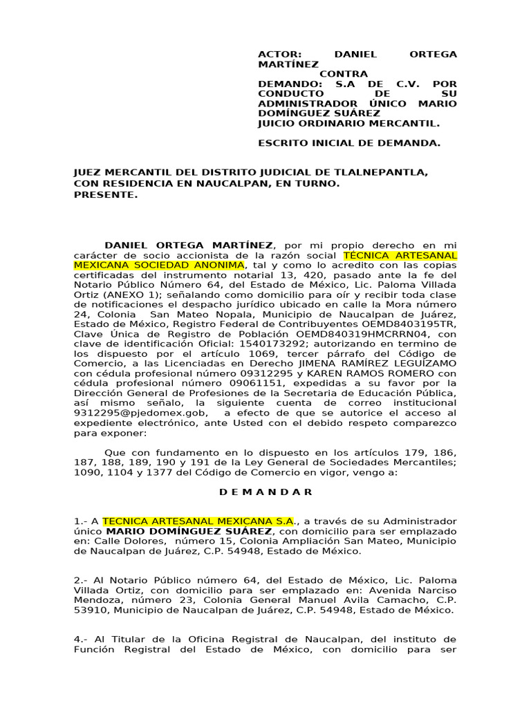 Demanda Juicio Ordinario Mercantil | PDF | México