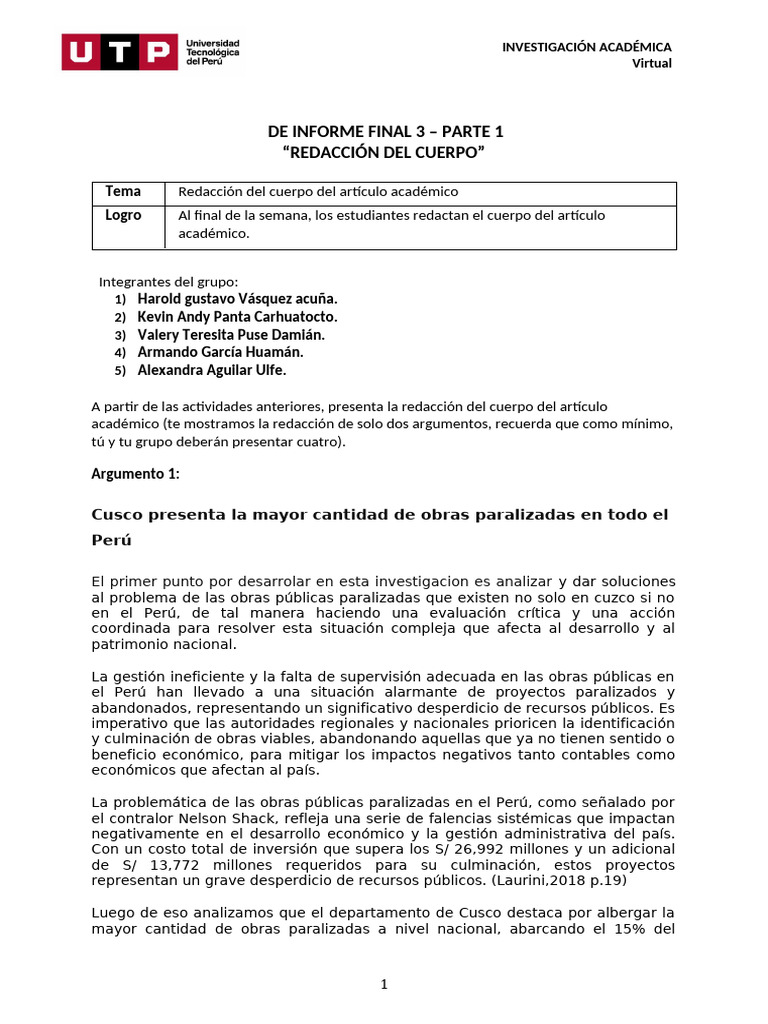 Semana 14 Investigacion Ta3 Avance | PDF | Corrupción política | Perú