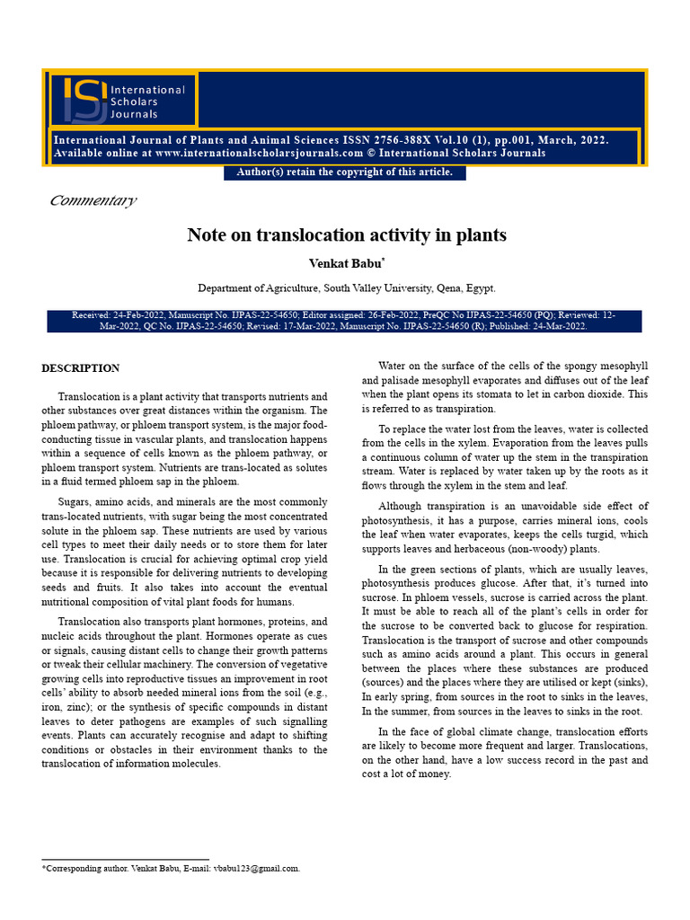 Note On Translocation Activity in Plants | PDF | Leaf | Plant Nutrition