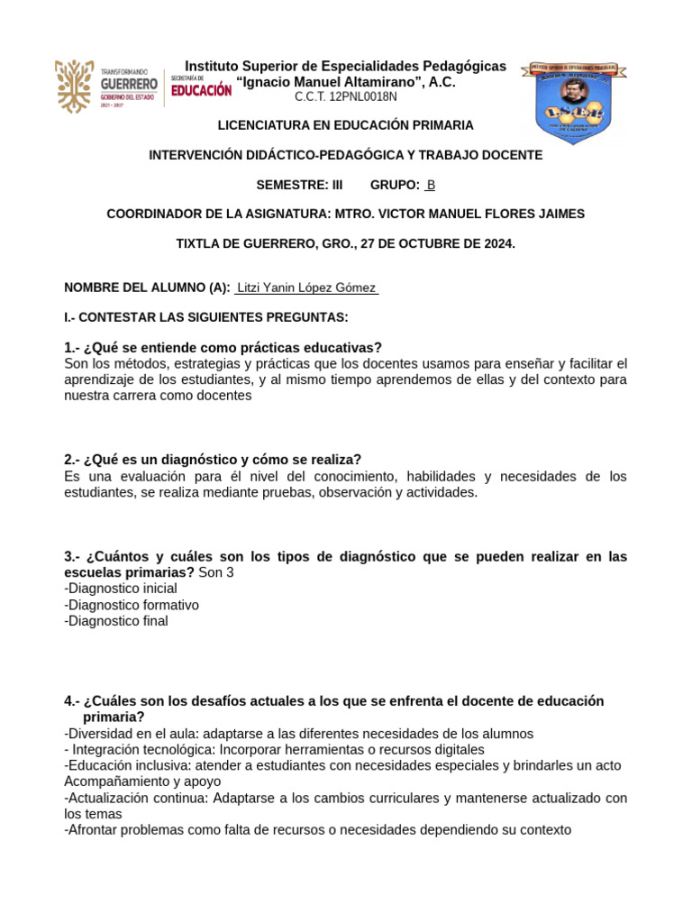 Intervención. Examen. Unidad I. Litzi Yanin Lopez Gomez | PDF ...