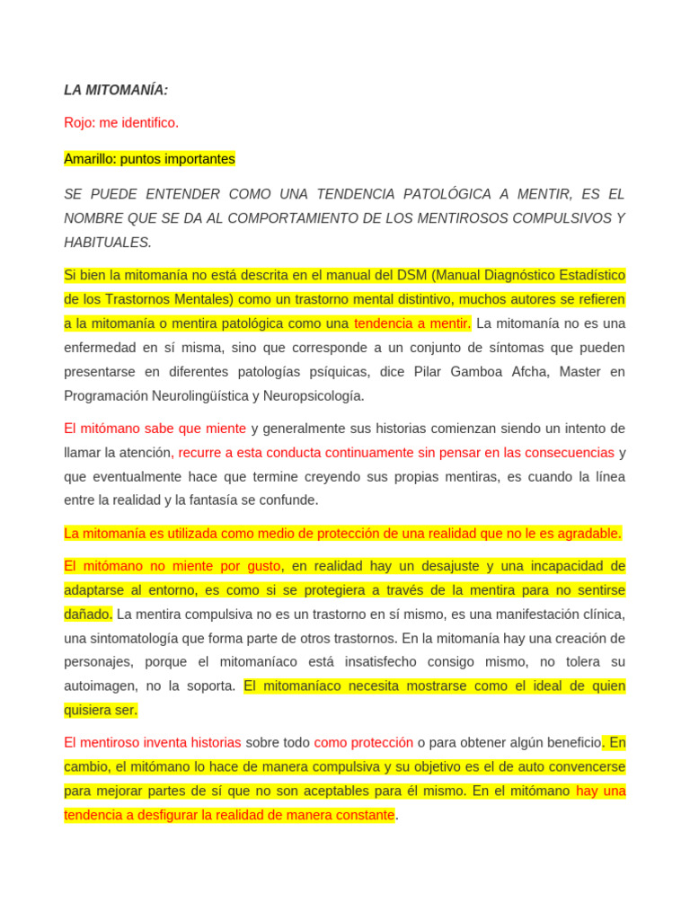 Mitomanía: Causas y Tratamiento | PDF | Sicología | Medicina CLINICA
