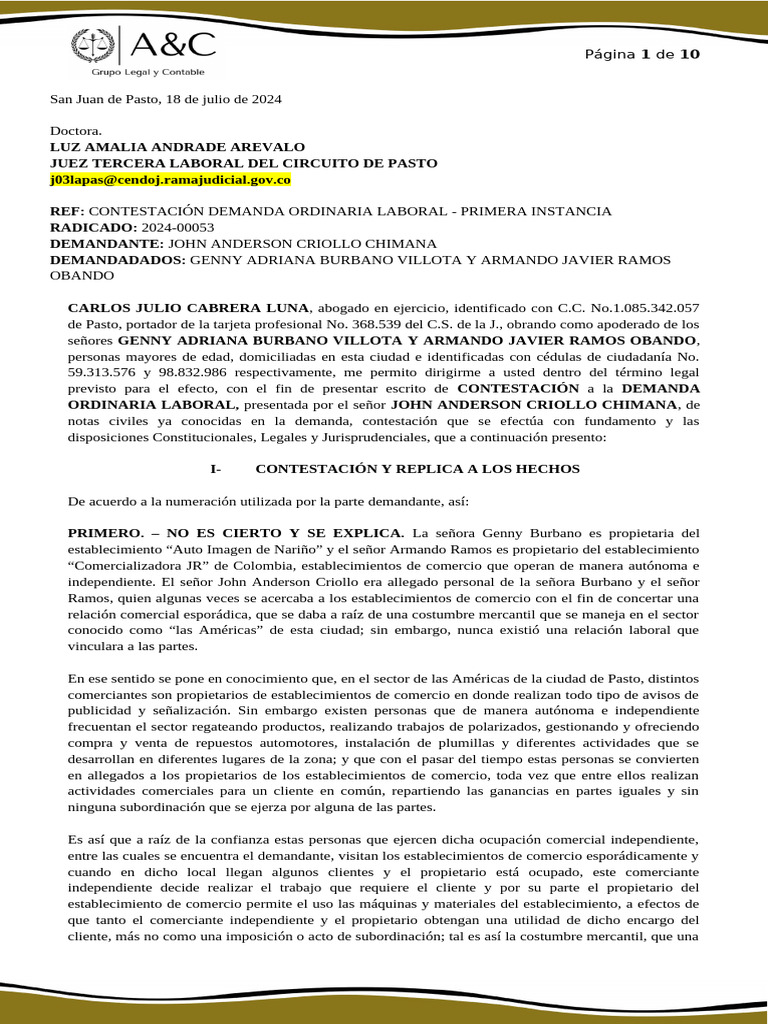 Contestación Demanda Laboral Pasto | PDF | Derecho laboral | Salario