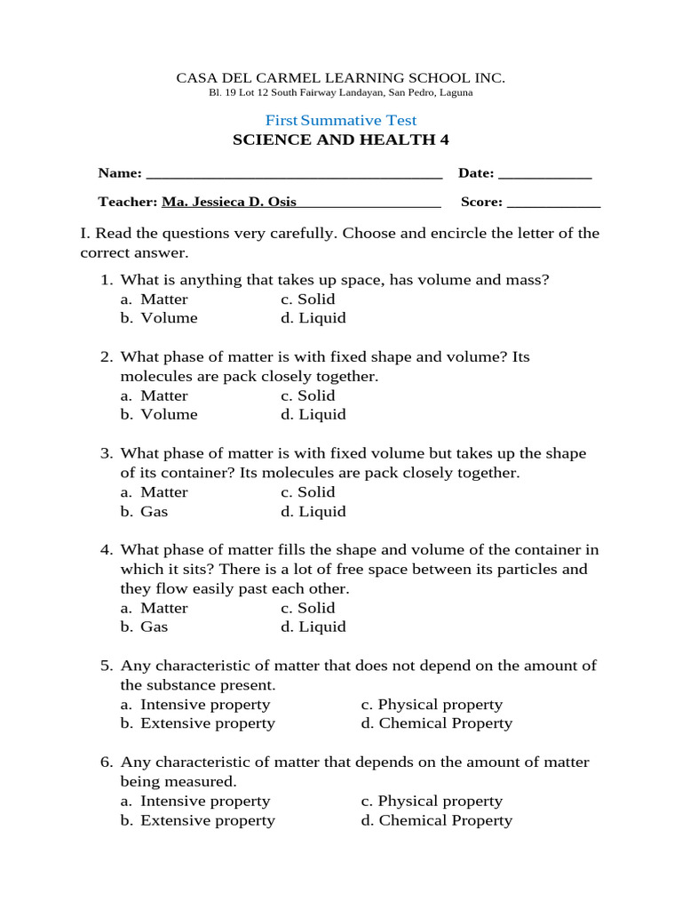 CDCLSI. First Summative Test - Gr. 4-5 - Final | PDF | Noun | Matter