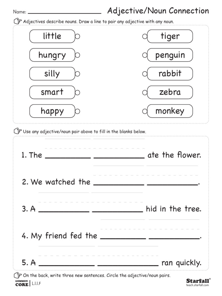 Grade1 AdjectiveNounConnection Worksheet Notes | PDF | Adjective | Noun