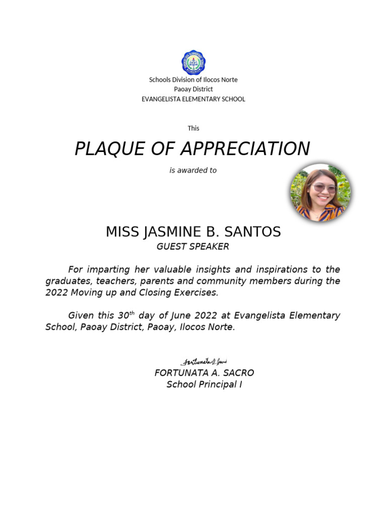 Plaque of Appreciation 2022 | PDF