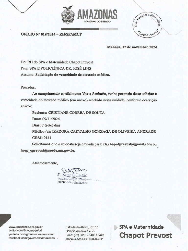 Oficio N°019-2024 - Solic. Verac. - Cristiane Souza | PDF