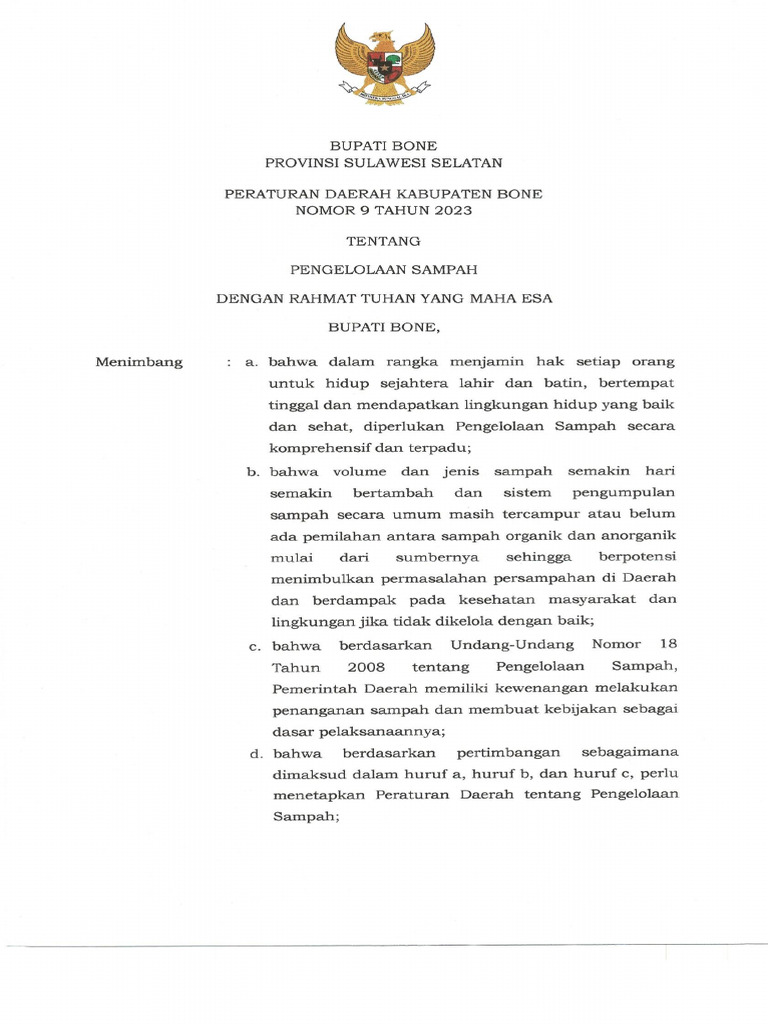 Perda No. 9 Tahun 2023 Tentang Pengelolaan Sampah | PDF