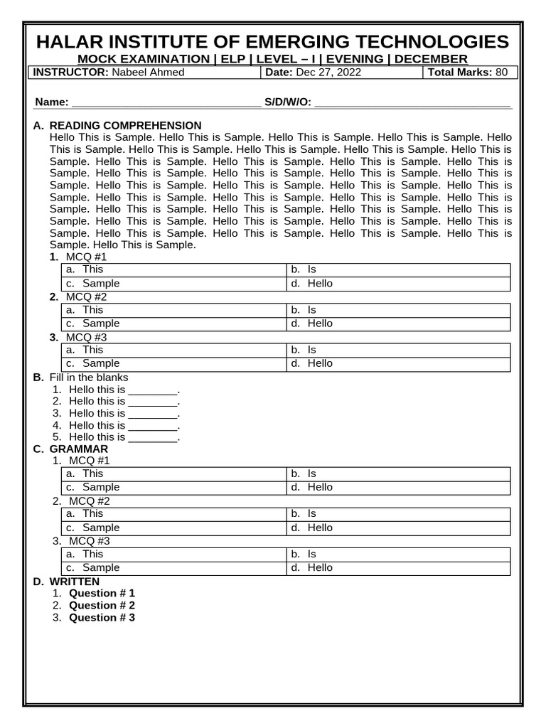ELP Paper Specimen For MOCK and Finals | PDF | Multiple Choice