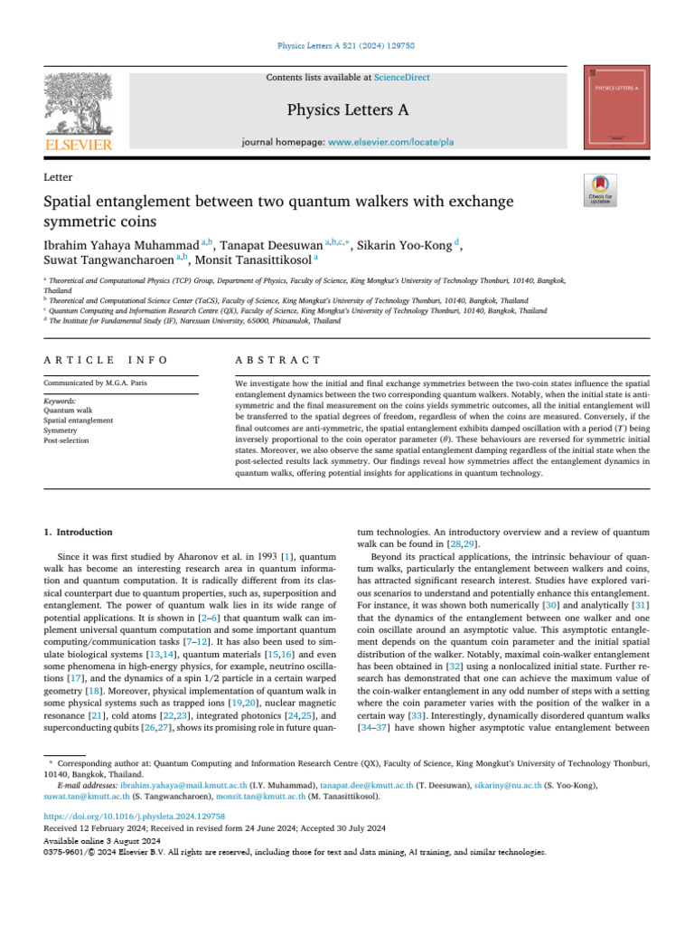 Spatial Entanglement Between Two Quantum Walkers With Exchange Symmetric Coins | PDF | Quantum ...