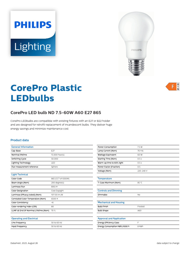 Corepro Led Bulb ND 7.5-60w A60 E27 865 | PDF | Lighting | Electricity