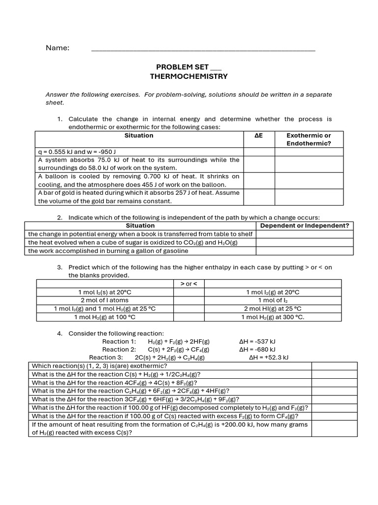 Problem Set (Thermochemistry) | PDF | Heat | Nature