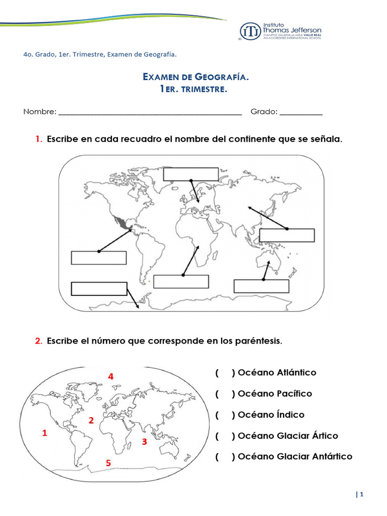 Examen de Geografía 4to Grado 1er Trimestre | PDF | México | Ciencias ...