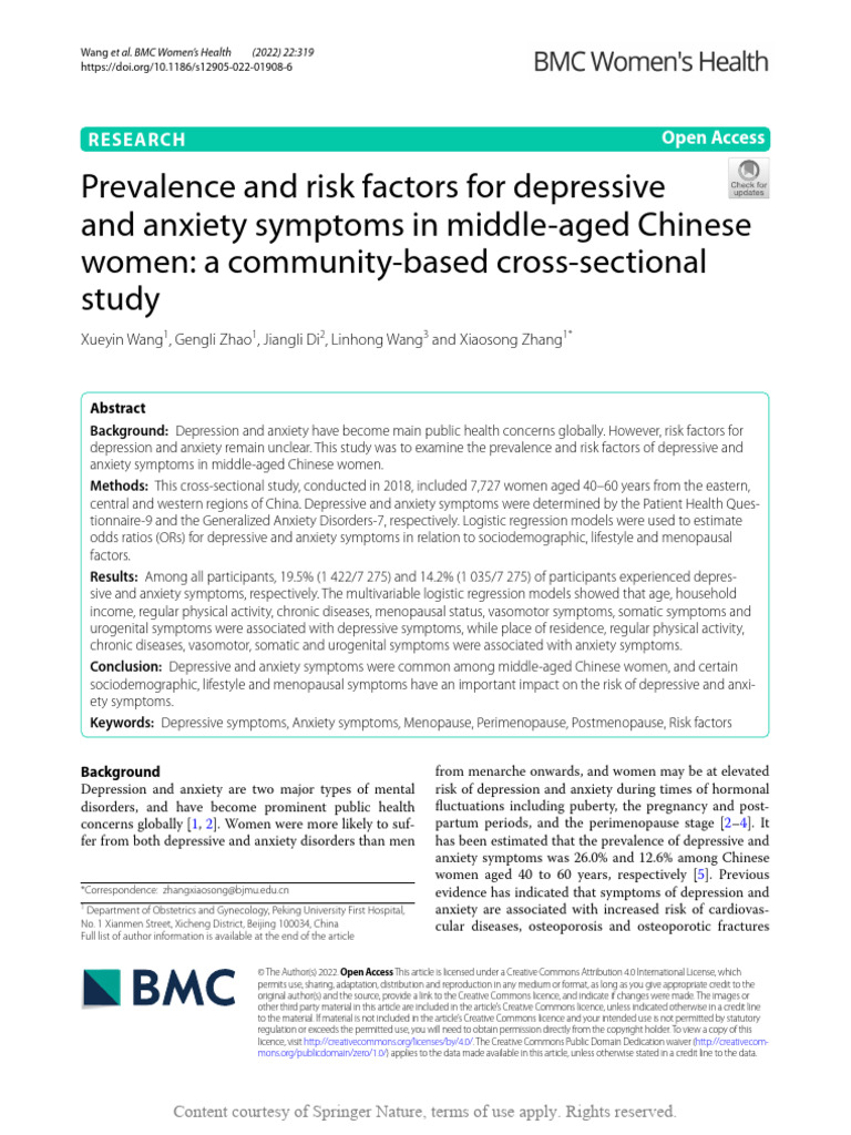 Prevalence and Risk Factors For Depressive and Anx | PDF | Menopause | Creative Commons License