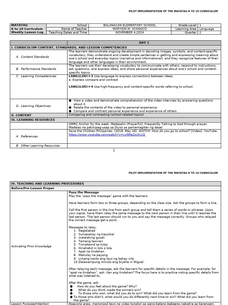 LE Q2W6 Language Redeveloped D1 | PDF | Curriculum | Reading Comprehension