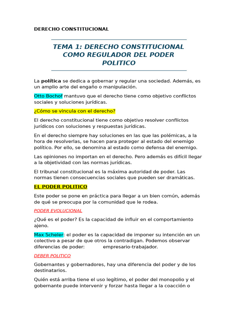Tema 1 Derecho Const Como Regulador Del Poder Politico | PDF | Constitución | Ley constitucional