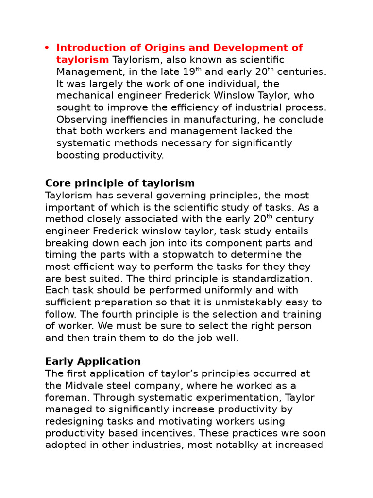 Introduction of Origins and Development of Taylorism Taylorism | PDF ...