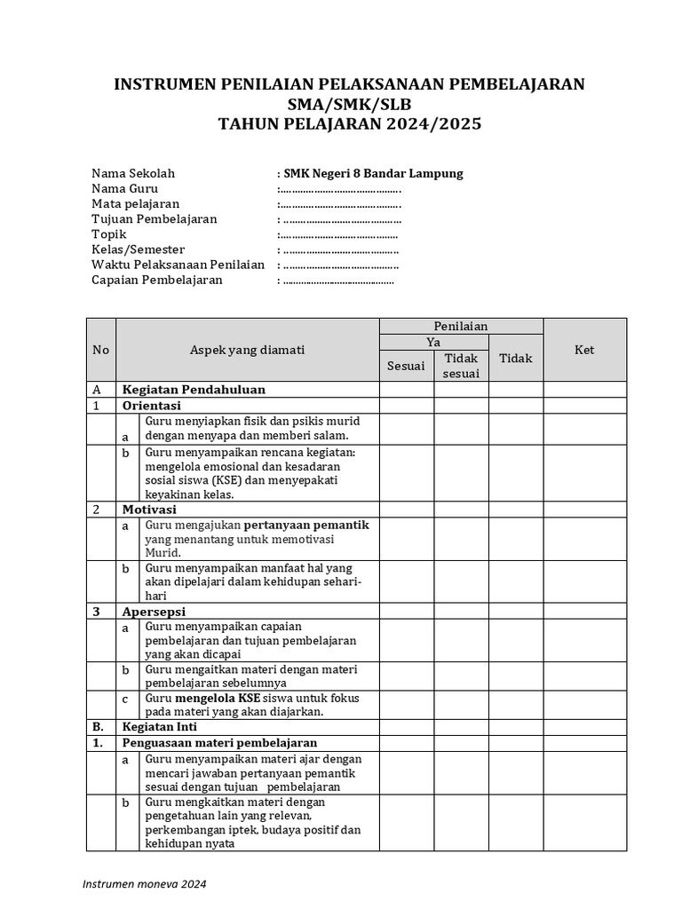 Instrumen Supervisi Kelas | PDF | Karier & Perkembangan