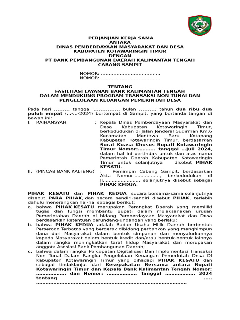 Naskah PKS DPMD Bank Kalteng Non Tunai Desa Dari DPMD | PDF