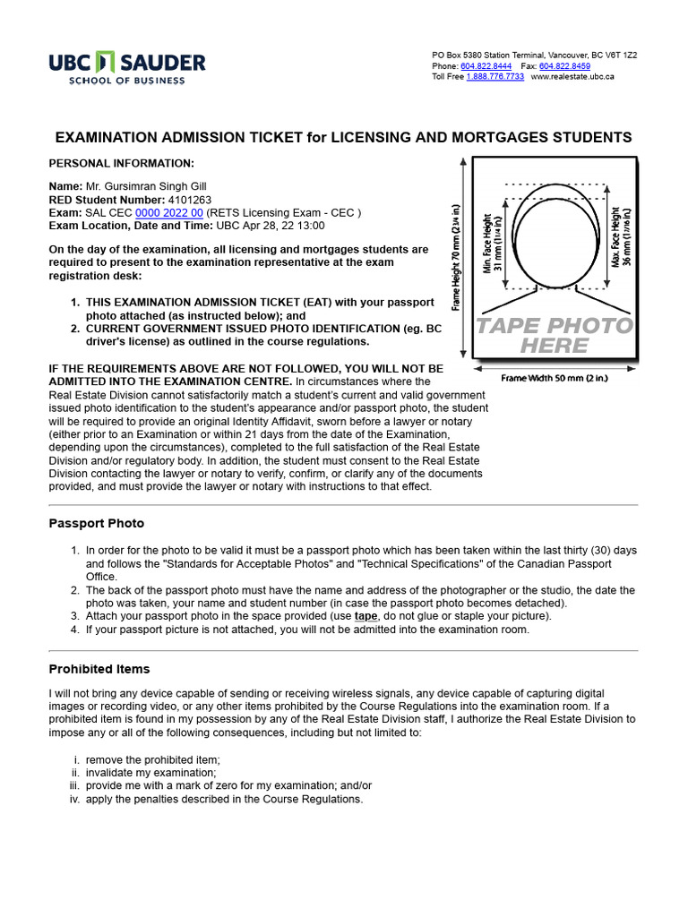 Real Estate Division Examination Admission Ticket | PDF | Identity ...