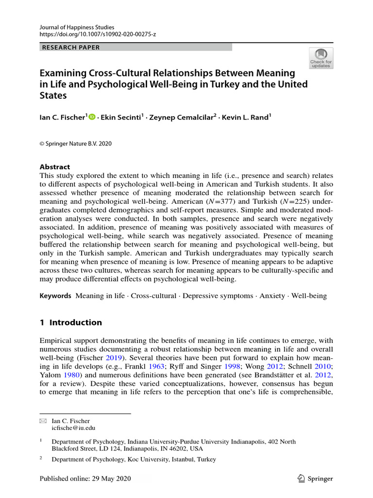 FISCHER Meaning Life Cross-Cultural | PDF | Well Being | Happiness