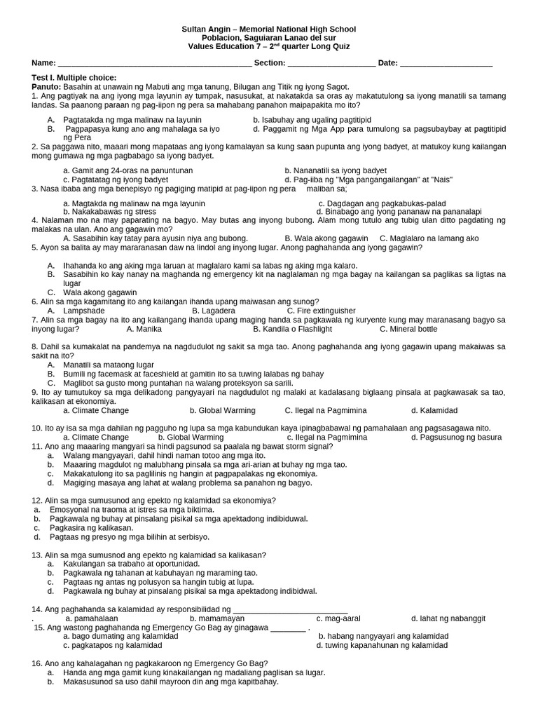 VALUES 7 2nd Quarter Long Quiz 126 Copies | PDF