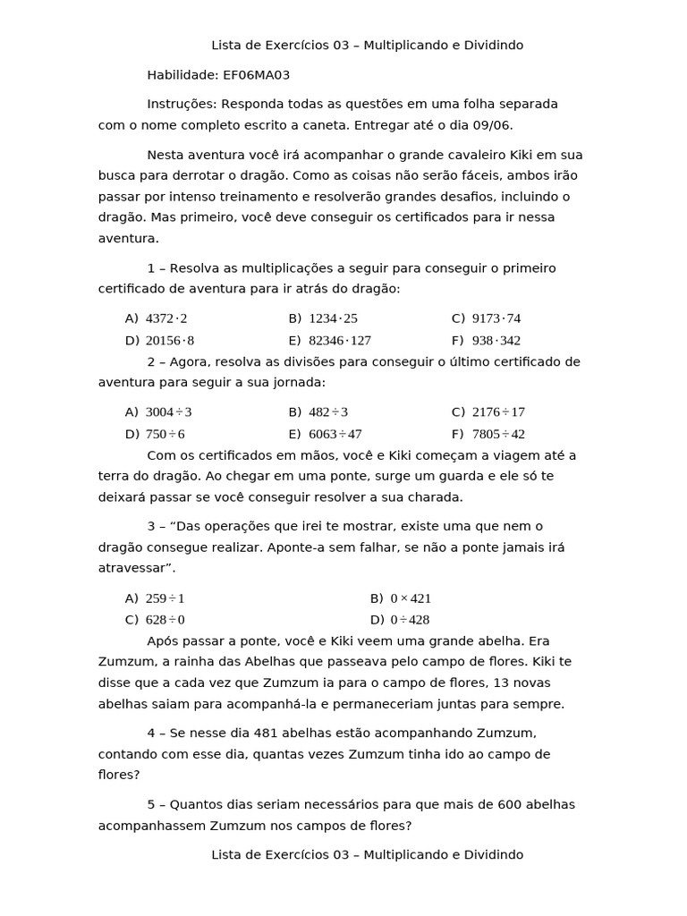Lista de Exercícios 03 - Multiplicando e Dividindo | PDF | Irã