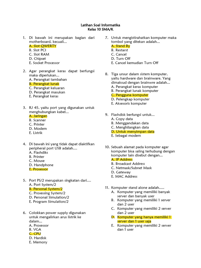 Latihan Soal Informatika Kelas 10 SMA K Pertemuan2 Siswa Edited | PDF