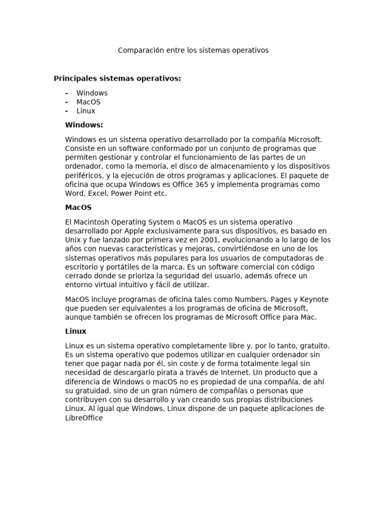 Comparación Entre Los Sistemas Operativos | PDF | Computadoras Comparación Entre Los Sistemas Operativos | PDF | Computadoras