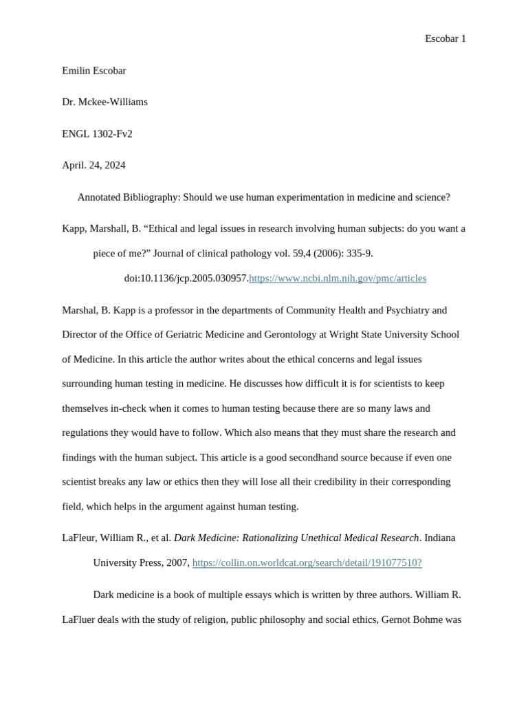 Annotated Bibliopgraphy-Emilin Escobar | PDF | Bioethics | Experiment