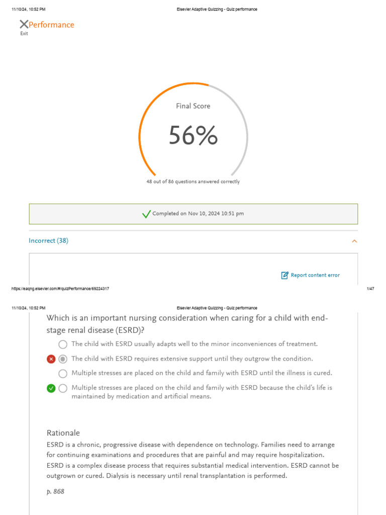 GU Elsevier Adaptive Quizzing - Quiz Performance | PDF | Urinary Tract Infection | Kidney