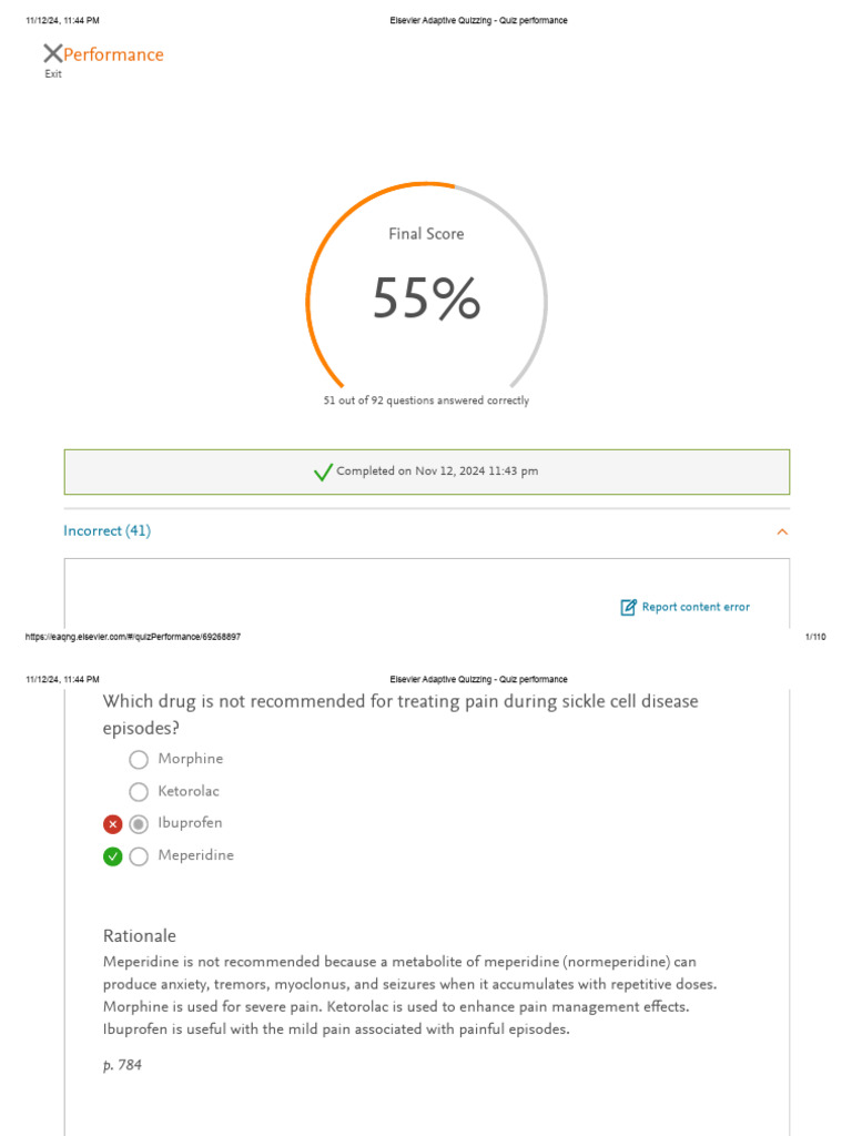 Hematology Elsevier Adaptive Quizzing - Quiz Performance | PDF | Anemia | Pneumonia