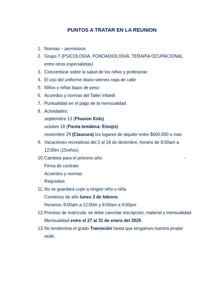 Puntos A Tratar en La Reunion | PDF