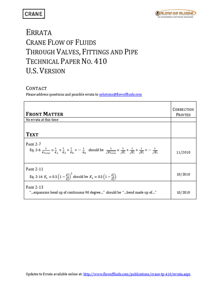 Crane TP-410 Errata Updates | PDF | Dynamics (Mechanics) | Gas Technologies
