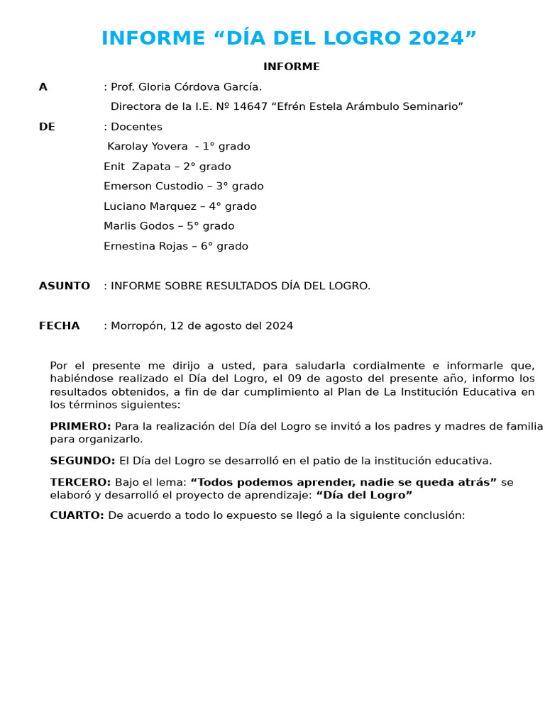 Informe Día del Logro 2024 | PDF | Aprendizaje | Entorno natural