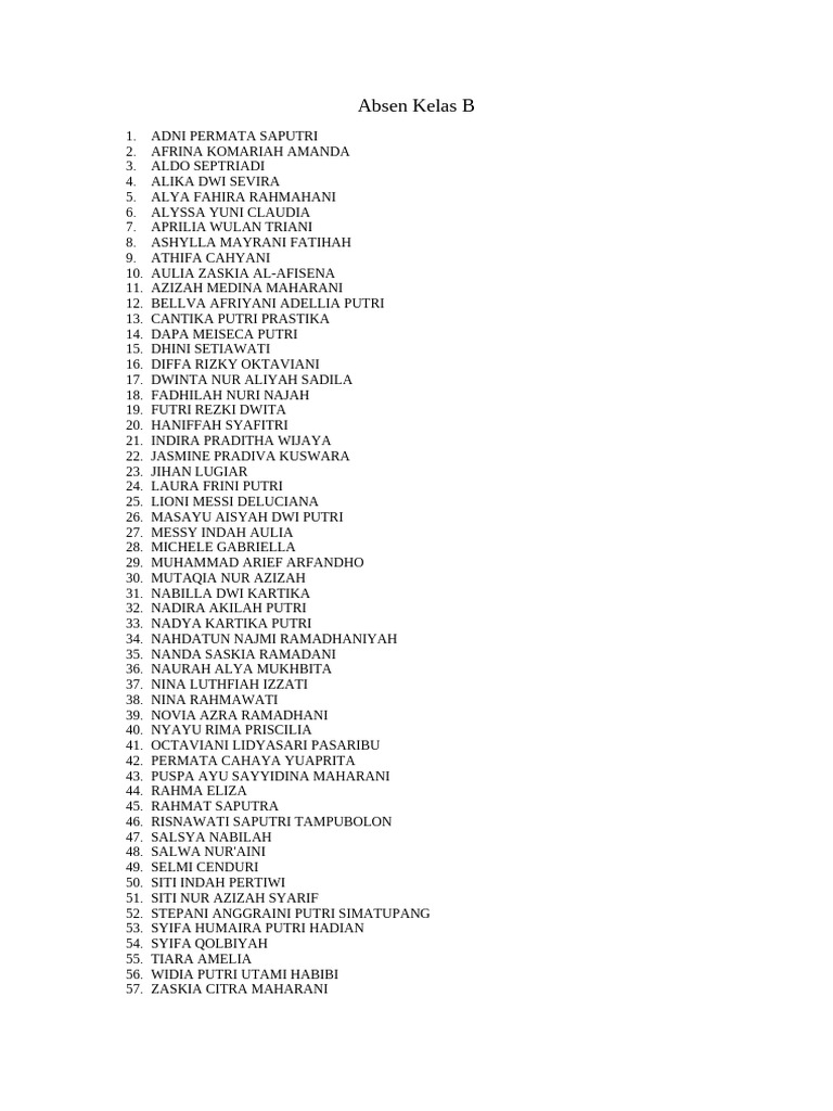 Daftar Absensi Kelas B Jasmine | PDF