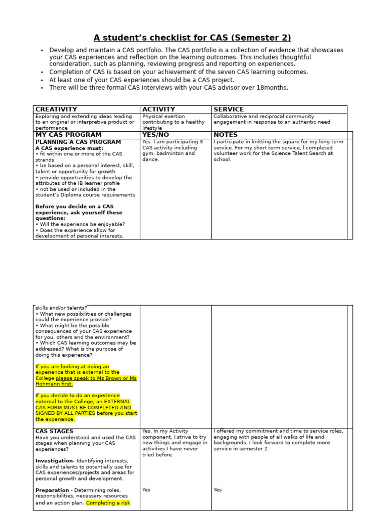 CAS Semester 2 Student Checklist | PDF | Learning | Cognition