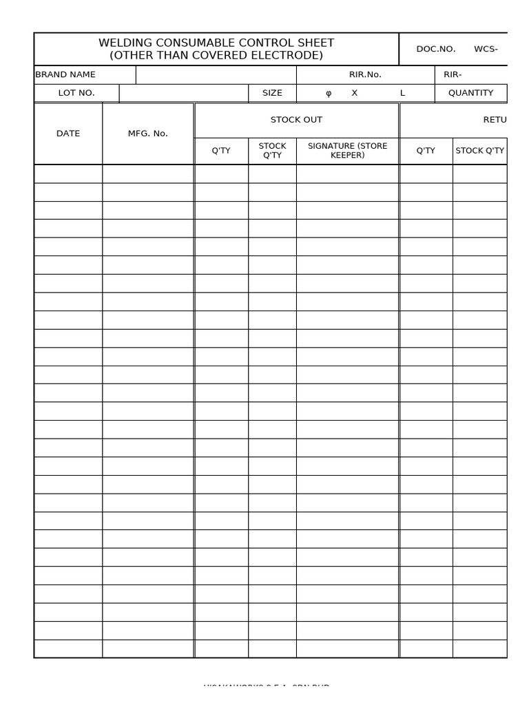(6-8-I) Welding Consumable Control Sheet (Other Than Covered Electrode ...