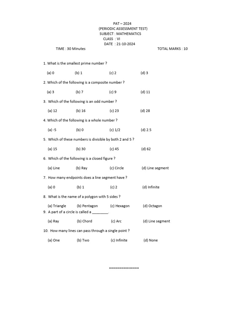 PAT-2024, Maths, Class-6, 21-10-2024 F | PDF