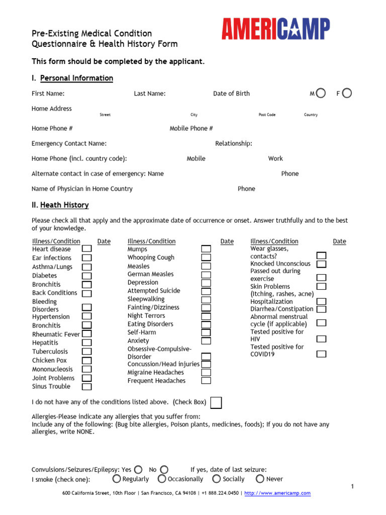 AmeriCamp Health History Questionnaire | PDF | Vaccines | Allergy