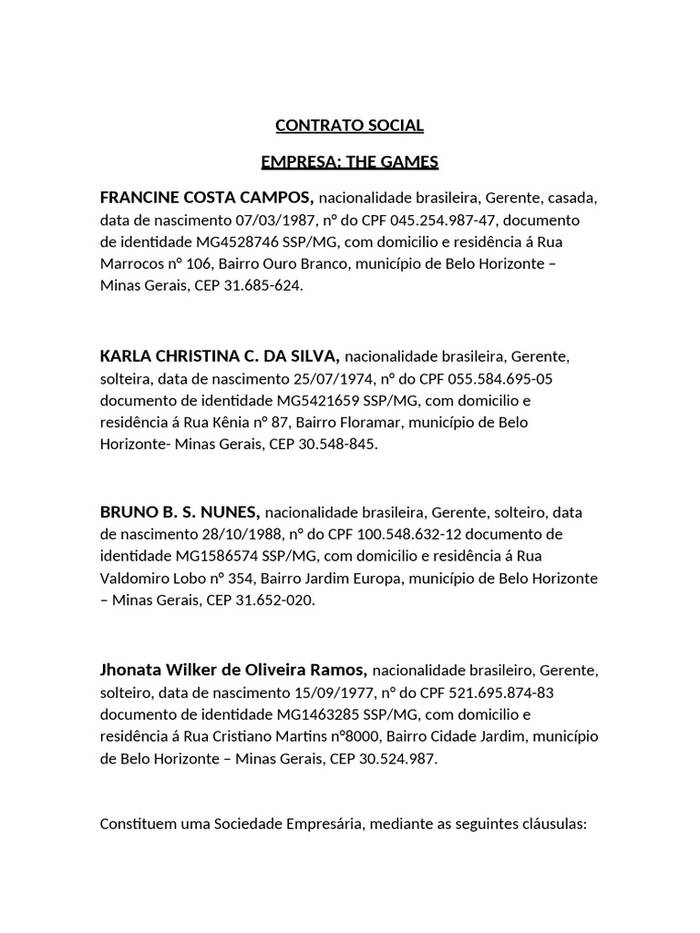 Contrato Social - Modelo | PDF | Direito Privado | Business